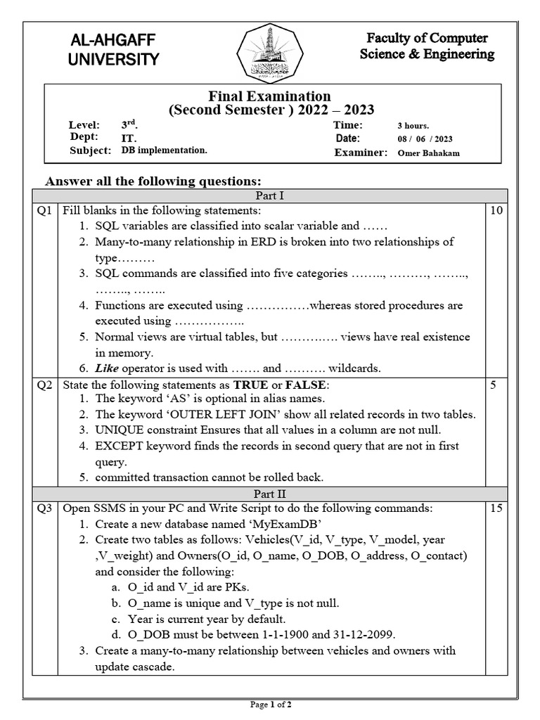 DB Implementation Final Exam 2023 | PDF