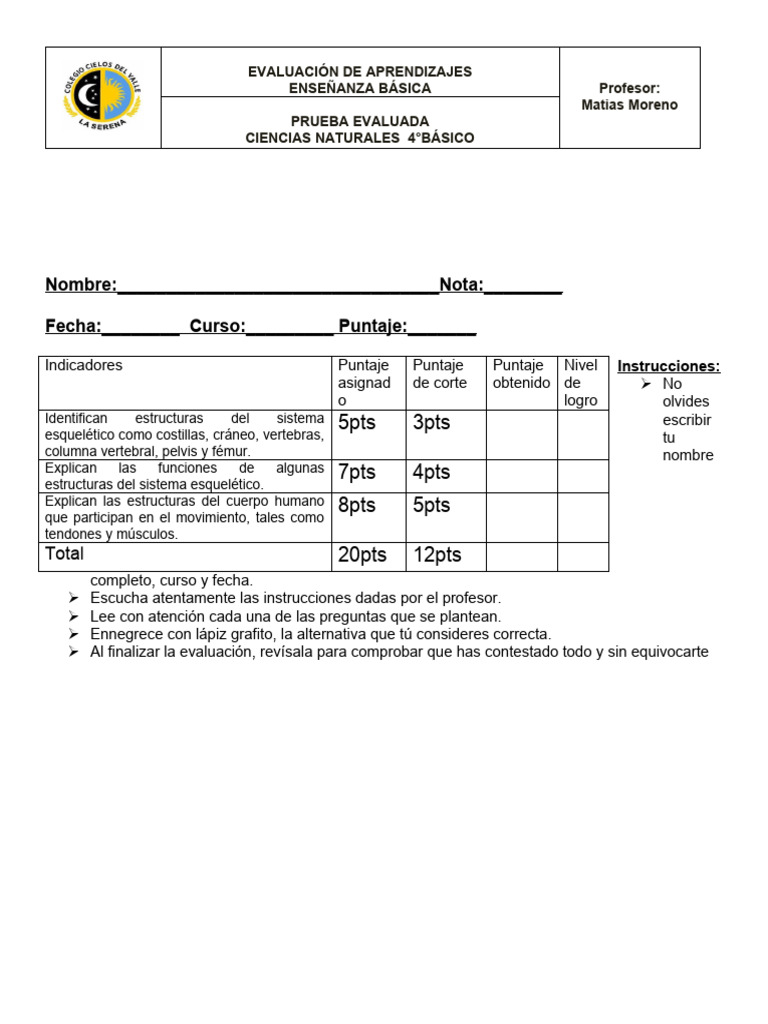 Prueba Ciencias Sistema Esqueletico y Muscular | PDF