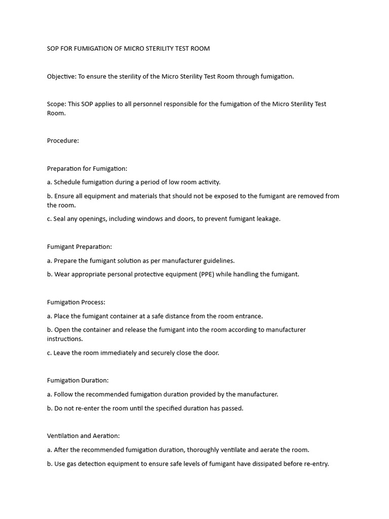 Sop For Fumigation of Micro Sterility Test Room | PDF