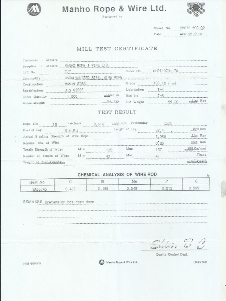 Sertifikat Seling Main Rope Manho Rope | PDF