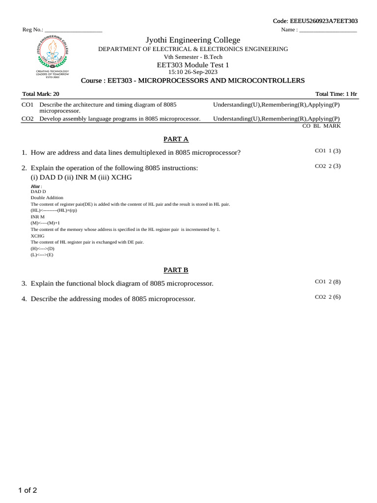8085 Microprocessor Test Guide | PDF