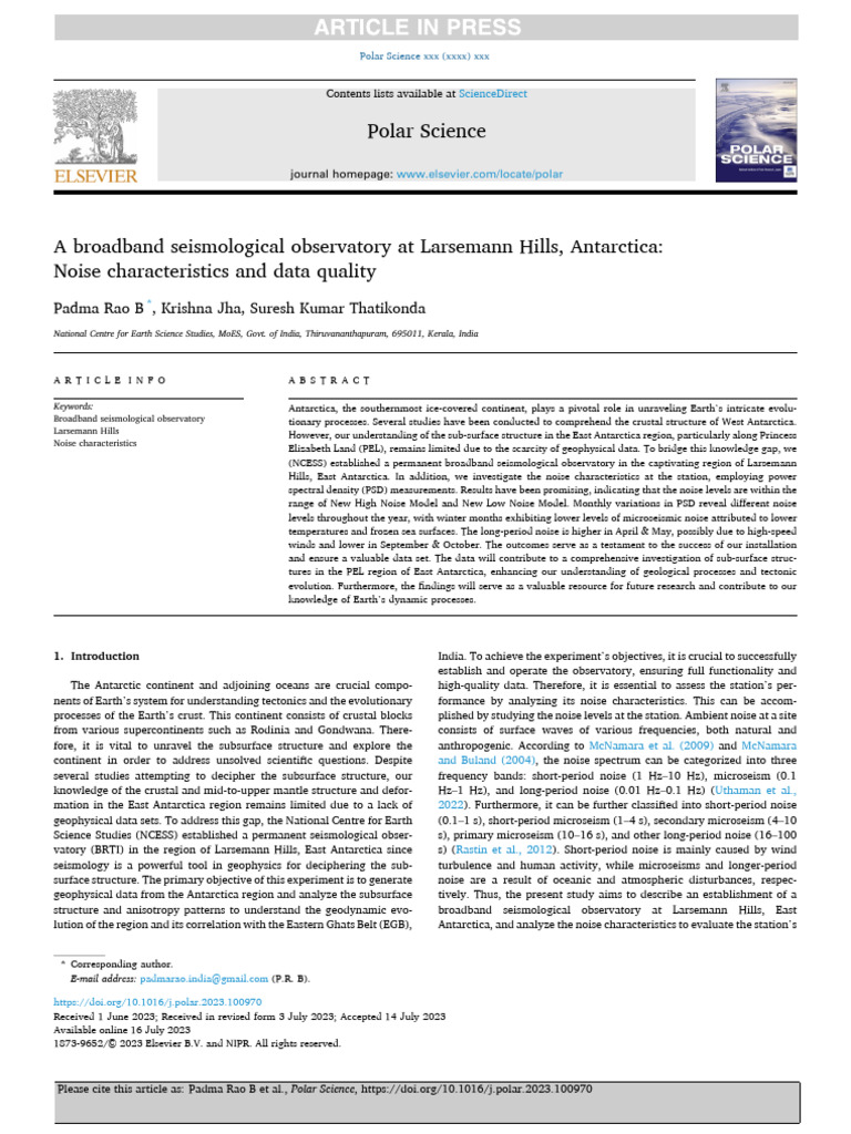 A Broadband Seismological Observatory at Larsemann Hills Antarctica | PDF
