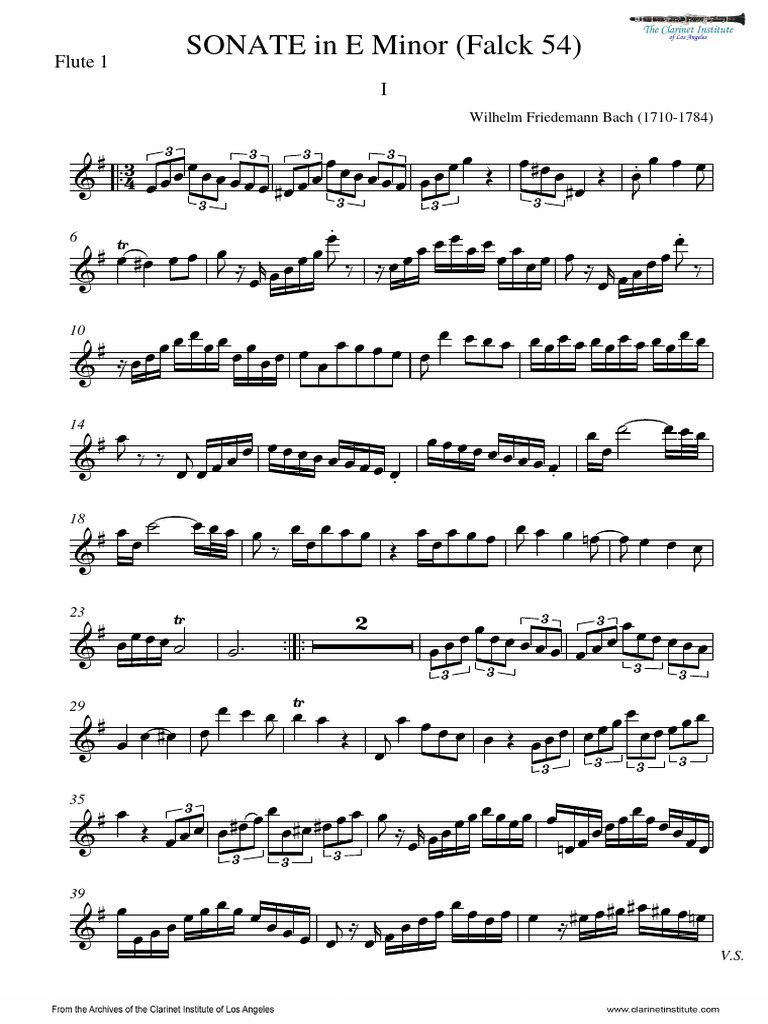 Bach WF - Sonata in E Minor For 2 Flutes Flute-1 | PDF