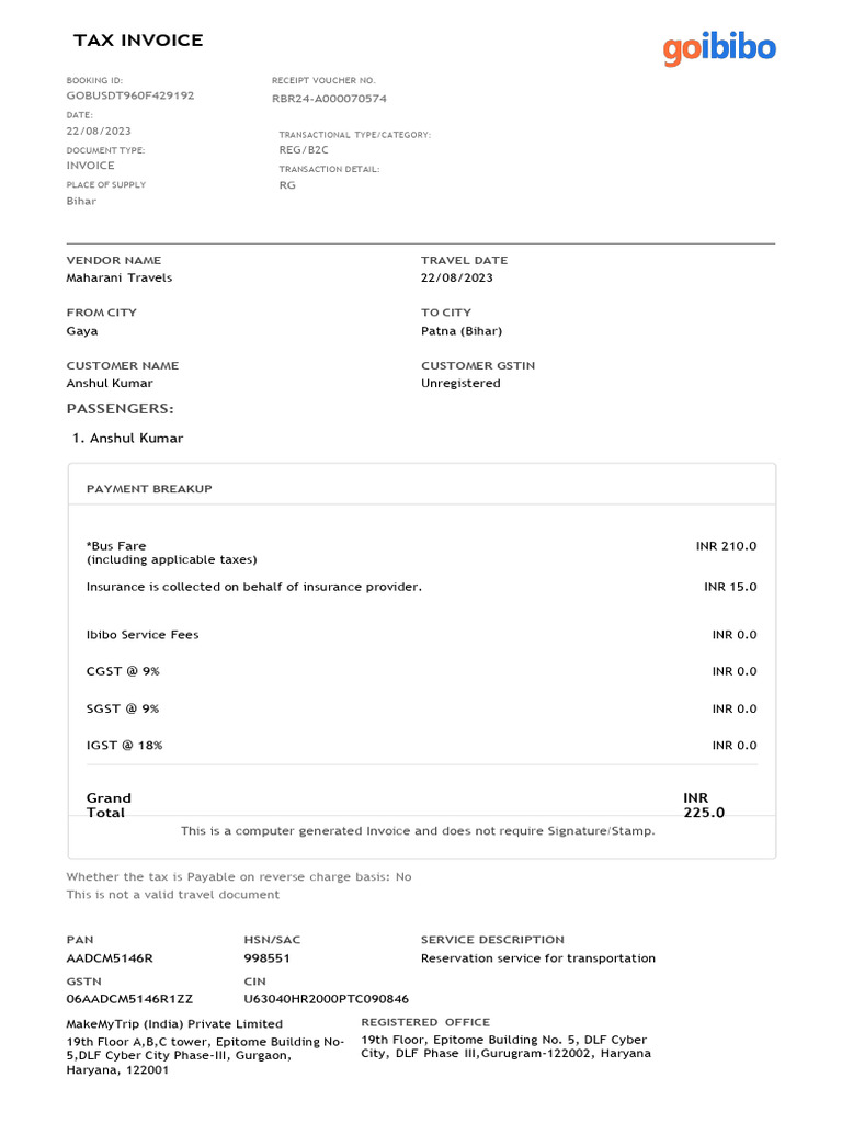 225gaya To Patna Bus Ticket | PDF | Invoice | Accounts Payable