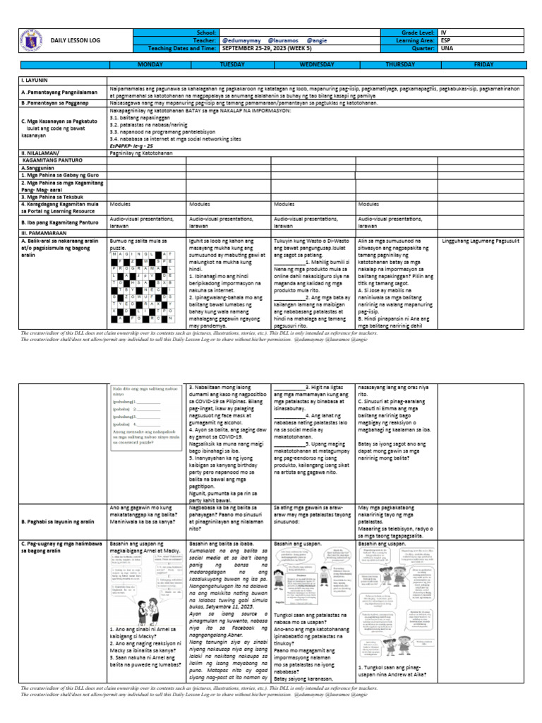 DLL - ESP 4 - Q1 - W5 - Nakapagninilay NG Katotohanan Edumaymay Lauramos | PDF