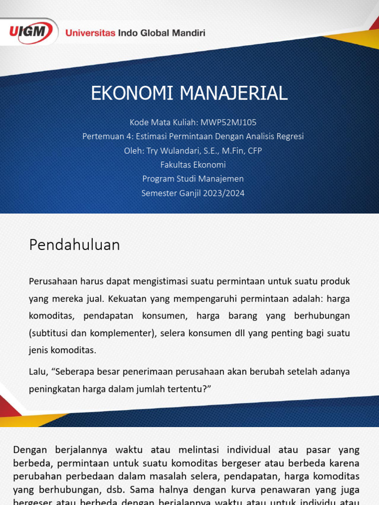 Pertemuan 4 - Estimasi Permintaan Dengan Analisis Regresi | PDF Pertemuan 4 - Estimasi Permintaan Dengan Analisis Regresi | PDF