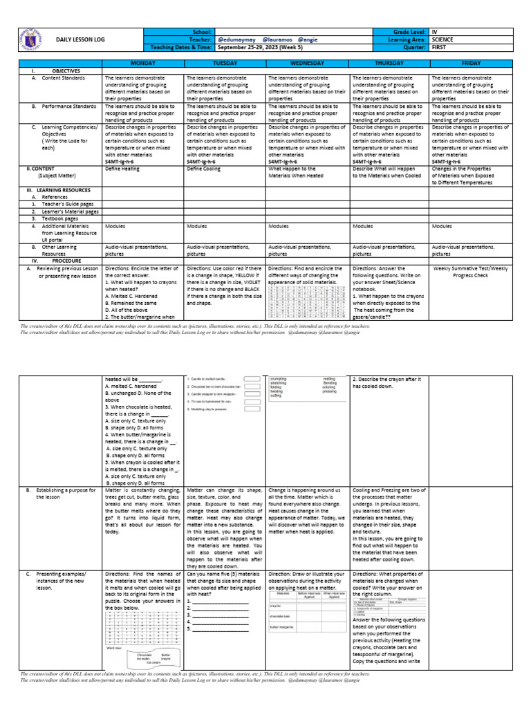 DLL - SCIENCE 4 - Q1 - W5 - Describe Changes in Properties of Materials When Exposed To Certain ...