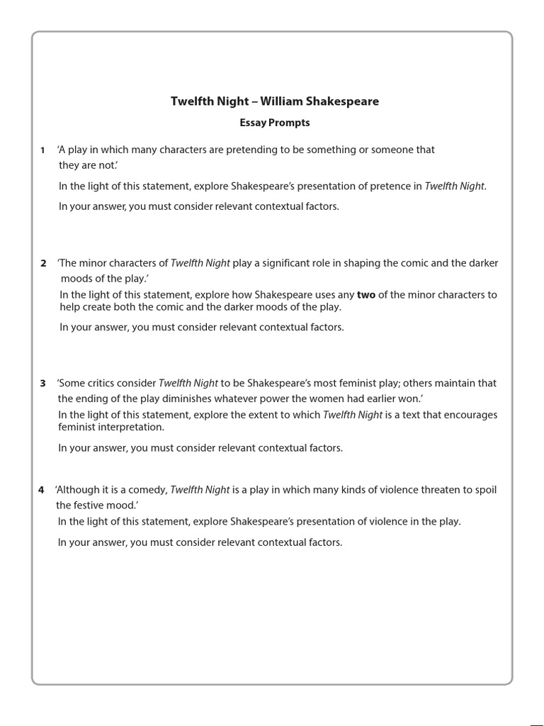 Twelfth Night - Term Test Essay Prompts | PDF
