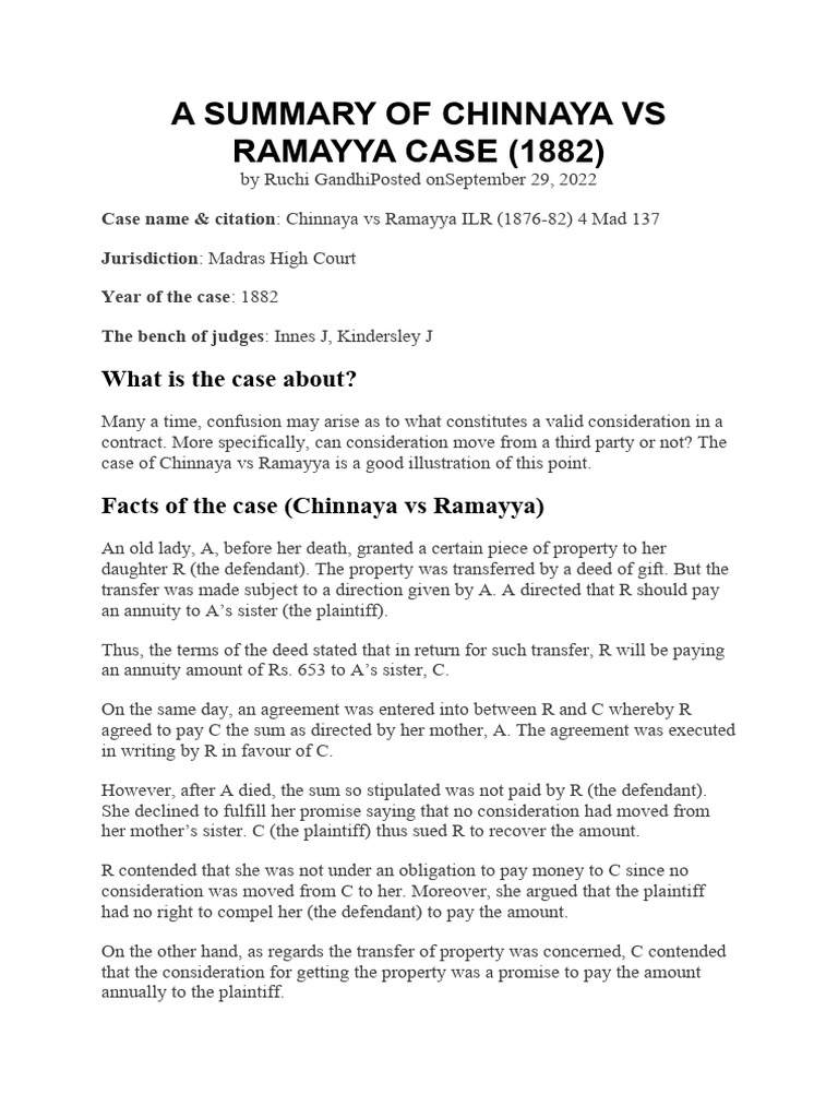 A Summary of Chinnaya VS Ramayya Case | PDF | Consideration | Lawsuit