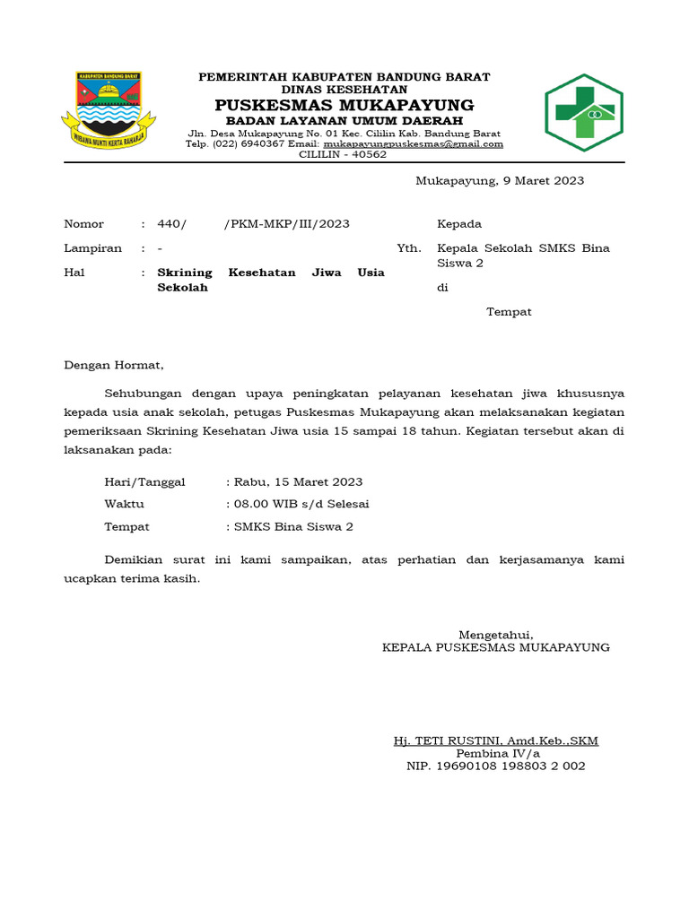 Surat pemberitahuan SKRINING KESEHATAN JIWA SEKOLAH | PDF