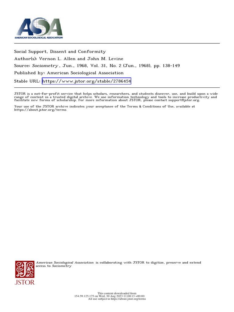 Allen & Levine. Social Support, Dissent and Conformity | PDF ...