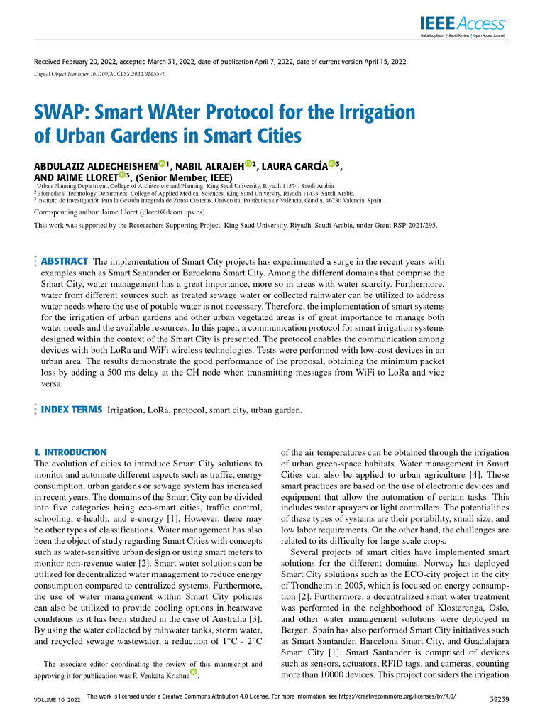 SWAP Smart WAter Protocol For The Irrigation of Urban Gardens in Smart ...