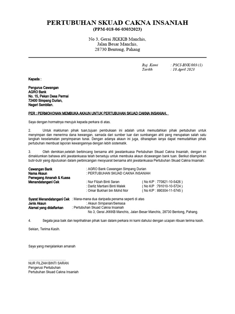 Surat Rasmi Pembukaan Akaun Bank Pertubuhan 2023 | PDF
