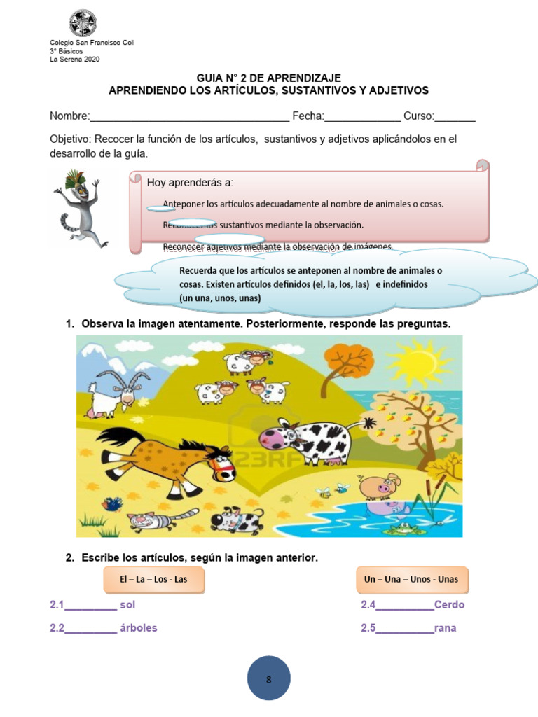 Guía de Artículos Sustantivos y Adjetivos 3 | PDF