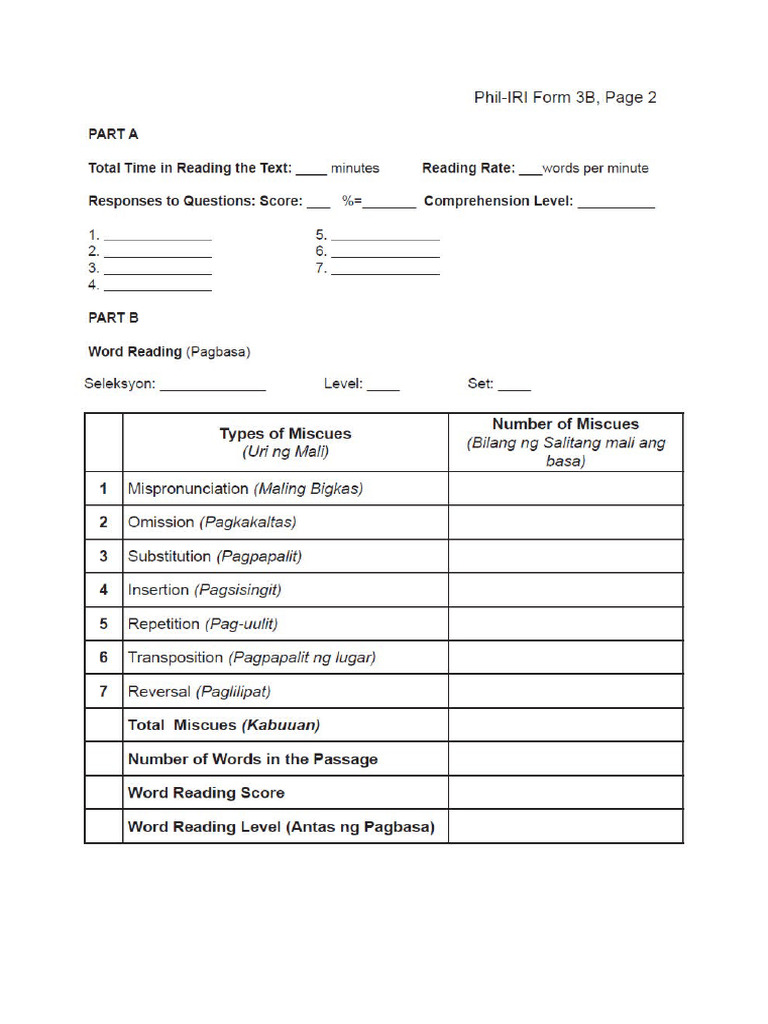 Phil IRI Form 3A Pahina 2 | PDF