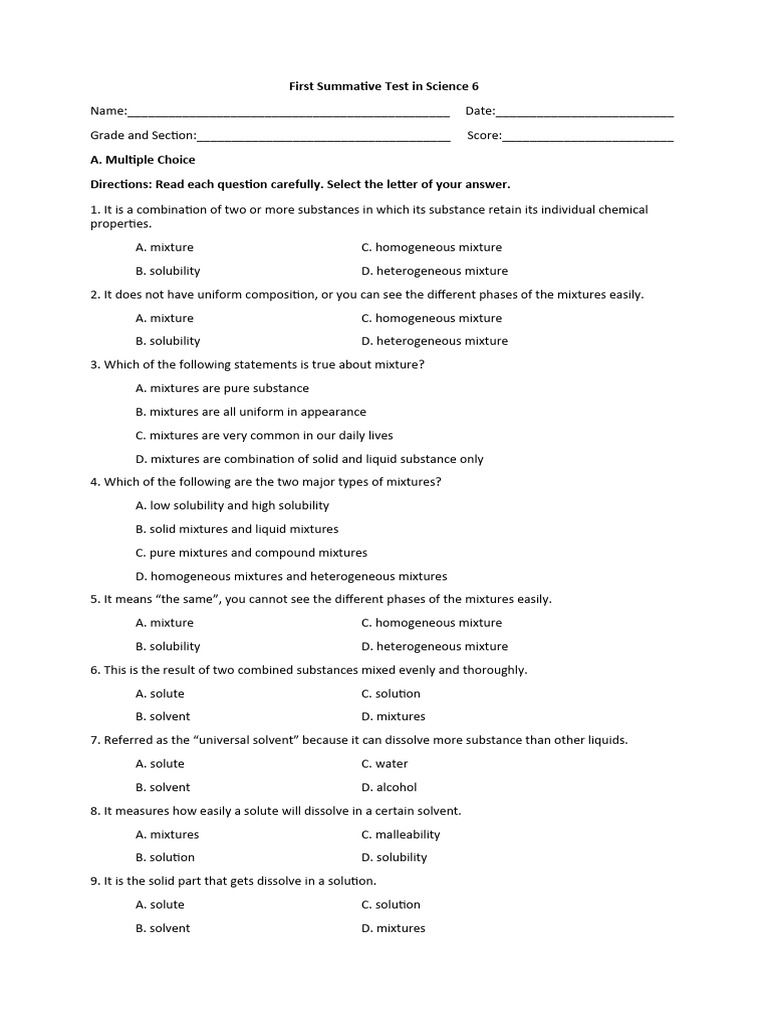 First Summative Test in Science 6 | PDF | Mixture | Solubility
