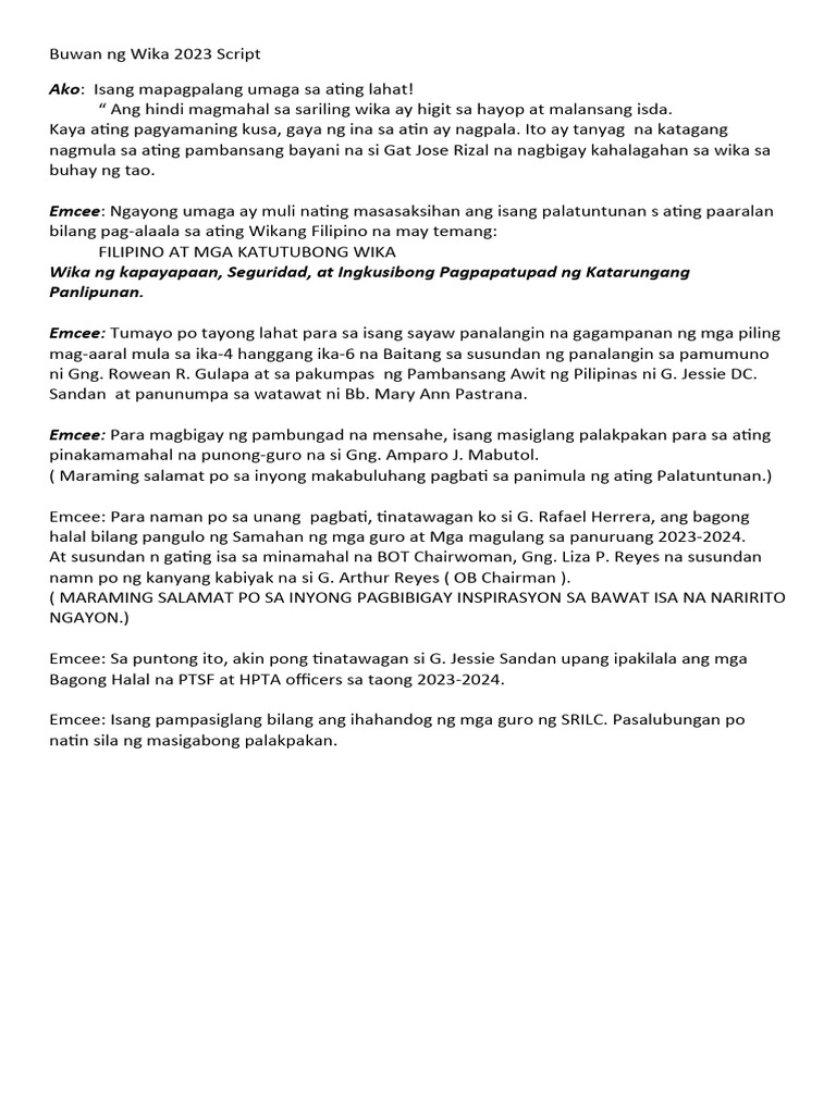 Buwan NG Wika 2023 Script | PDF