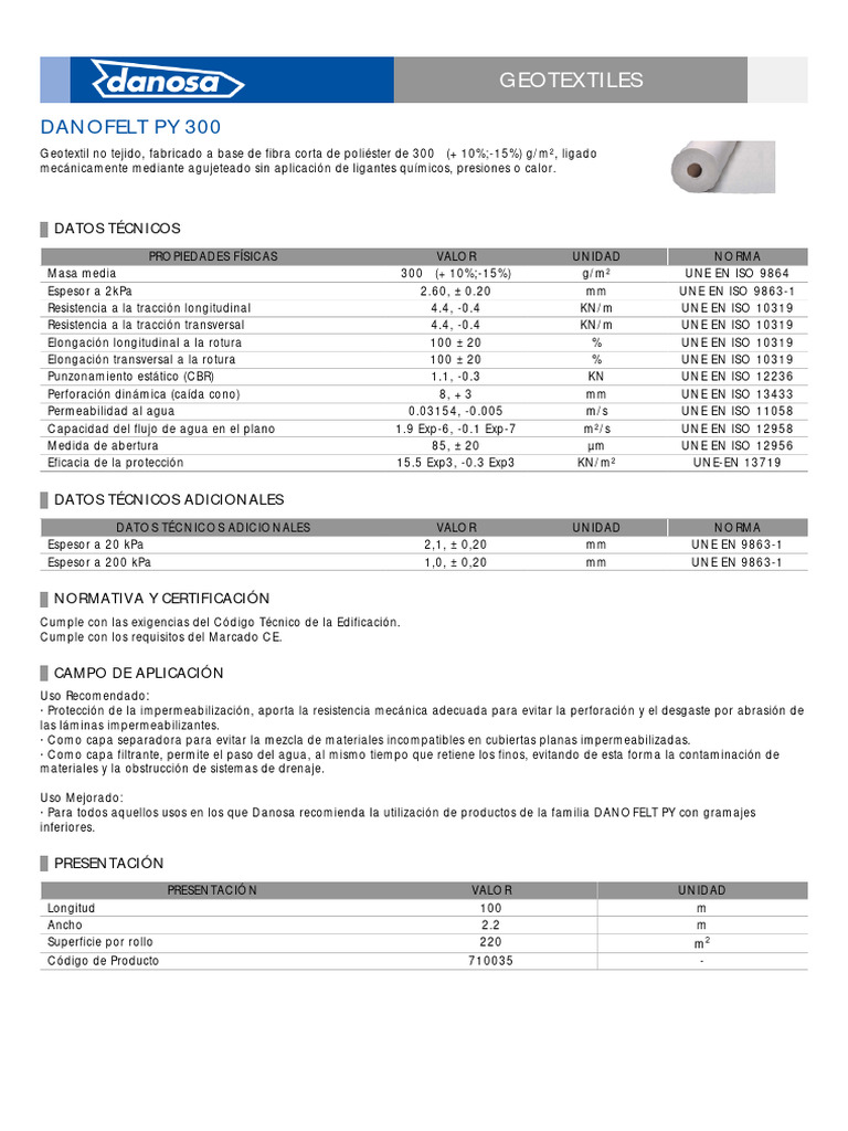 Geotextil Danofelt PY 300: Especificaciones | PDF