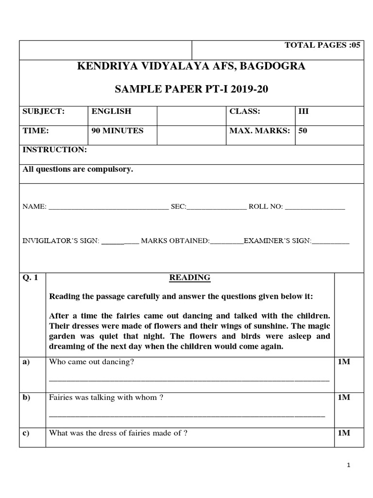 KVS Class 3 PT1 Exam English Sample Question Paper 2019 by KV Bagdogra ...