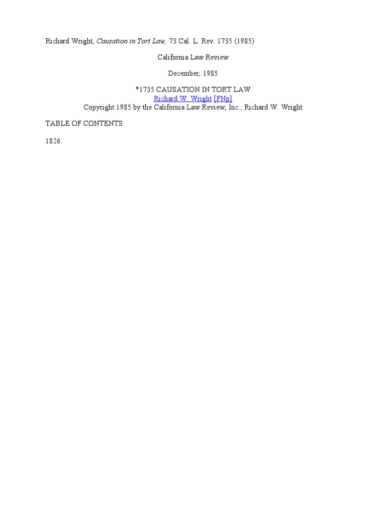 Richard Wright, Causation in Tort Law, 73 Cal. L. Rev. 1735 (1985) | PDF | Causation (Law ...
