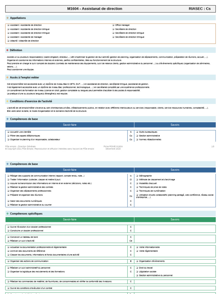 Fiche Metier Assistante de Direction | PDF