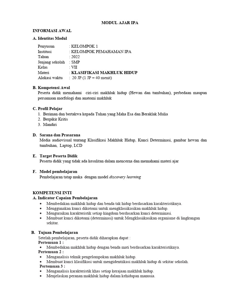 Modul Ajar Ipa Bab 5 Klasifikasi Makhlik Hidup Revisi | PDF