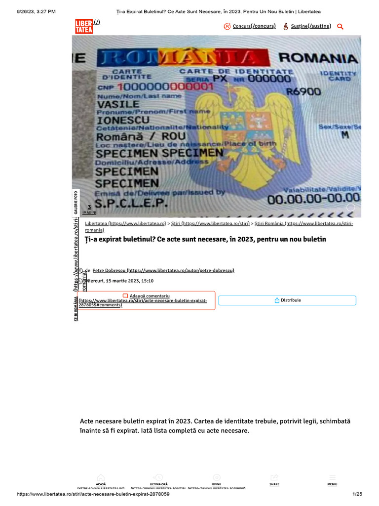 Ți-A Expirat Buletinul - Ce Acte Sunt Necesare, În 2023, Pentru Un Nou Buletin | PDF