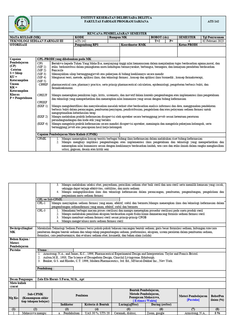 Rps Teknologi Sediaan Farmasi III Ats 142 | PDF | Sains & Matematika