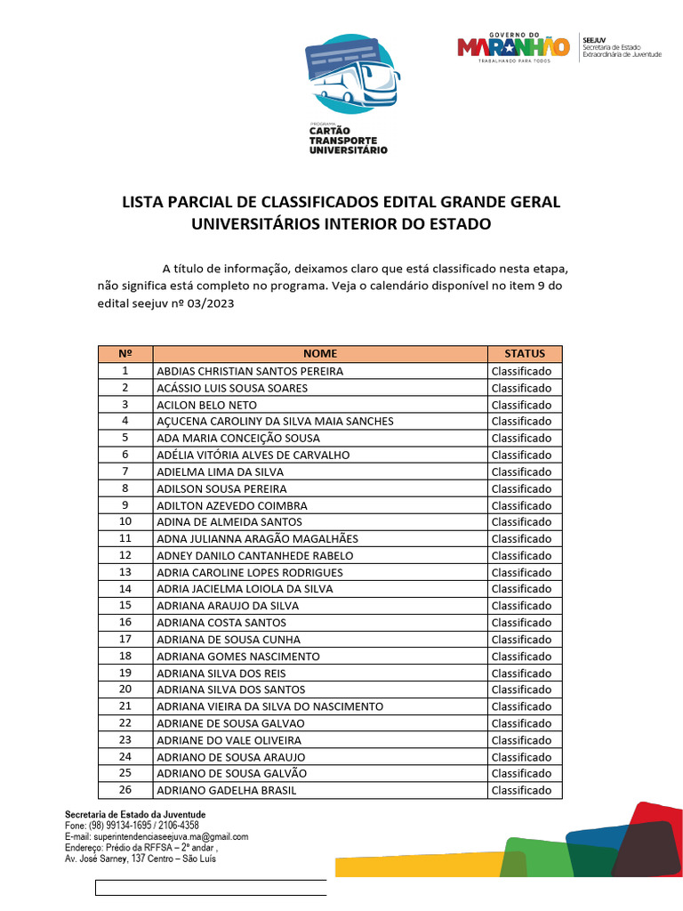 Lista Parcial de Classificados Edital Geral | PDF