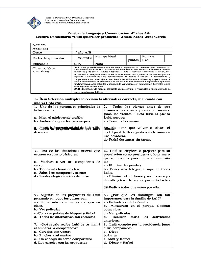 Prueba de Lectura "Lulú presidenta" | PDF