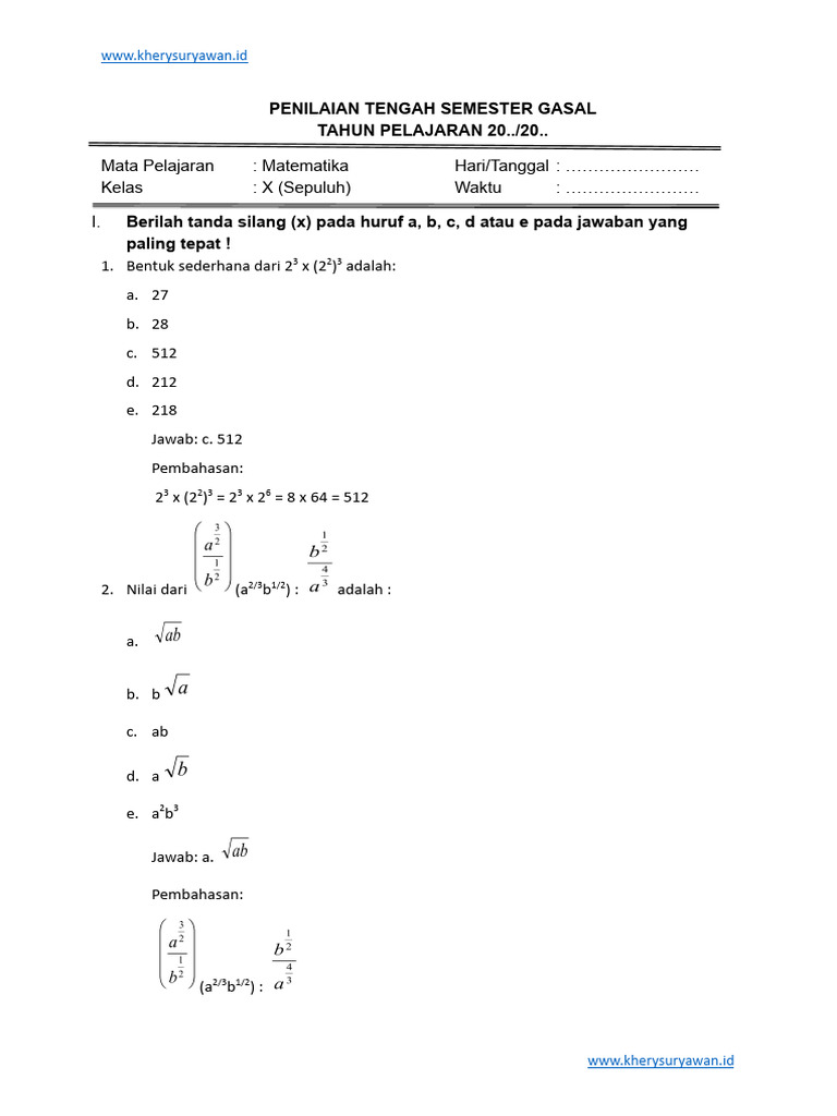 Soal & Jawaban PTS Matematika Kelas X Ganjil (WWW - Kherysuryawan.id) | PDF