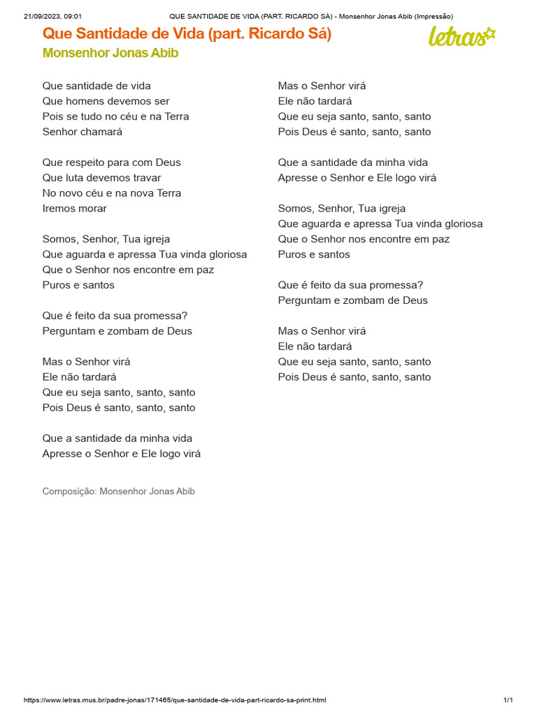 QUE SANTIDADE DE VIDA (PART. RICARDO SÁ) - Monsenhor Jonas Abib ...