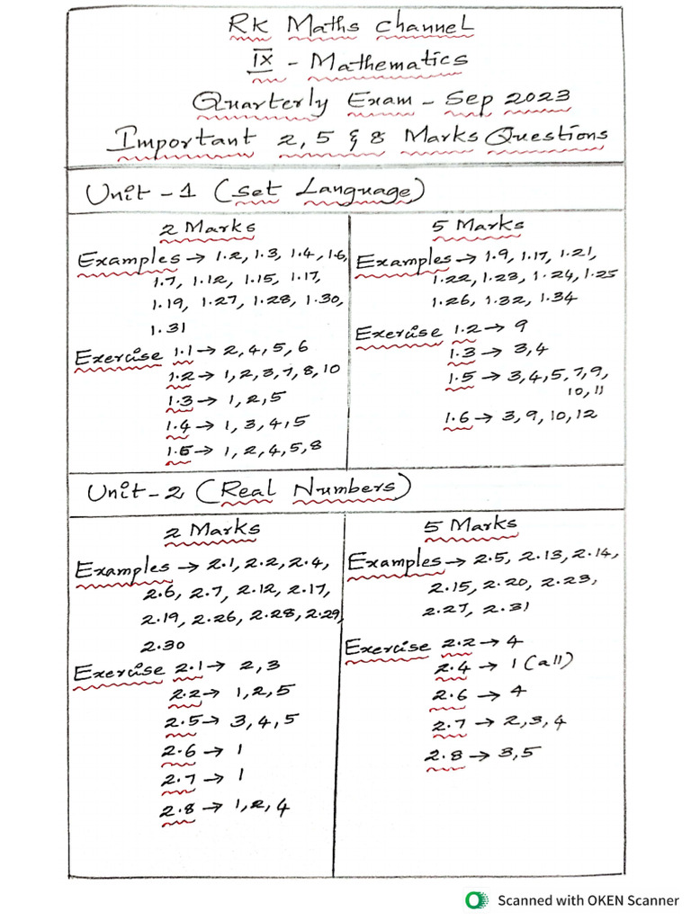 9th Maths Quarterly Imp 2, 5 & 8 Marks | PDF