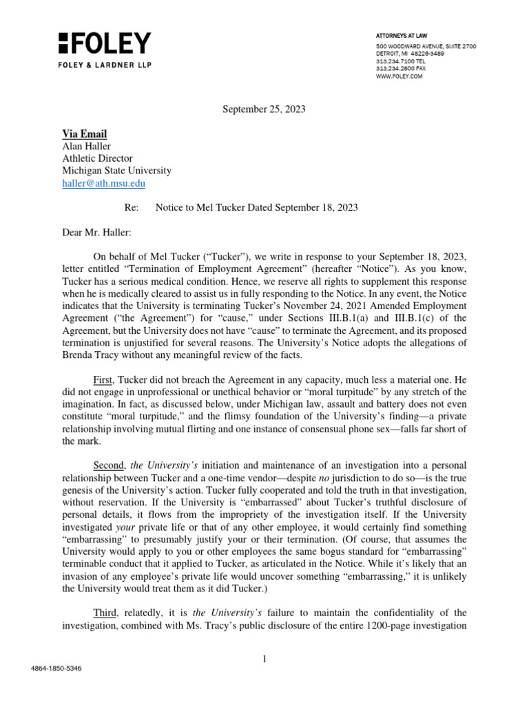 Response to Mel Tucker Termination Notice | PDF