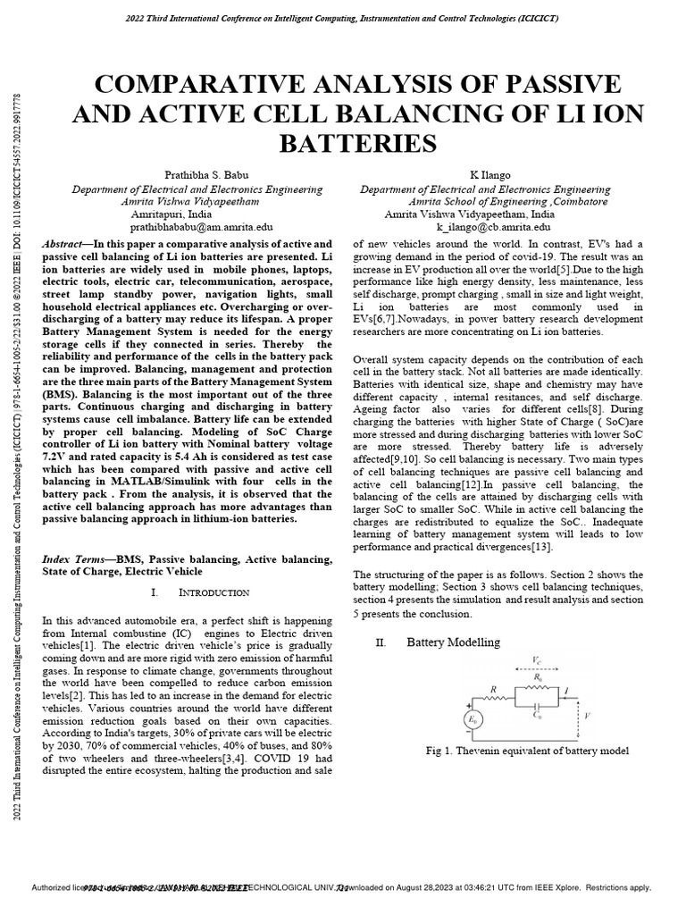 Comparative Analysis of Passive and Active Cell Balancing of Li Ion Batteries | PDF