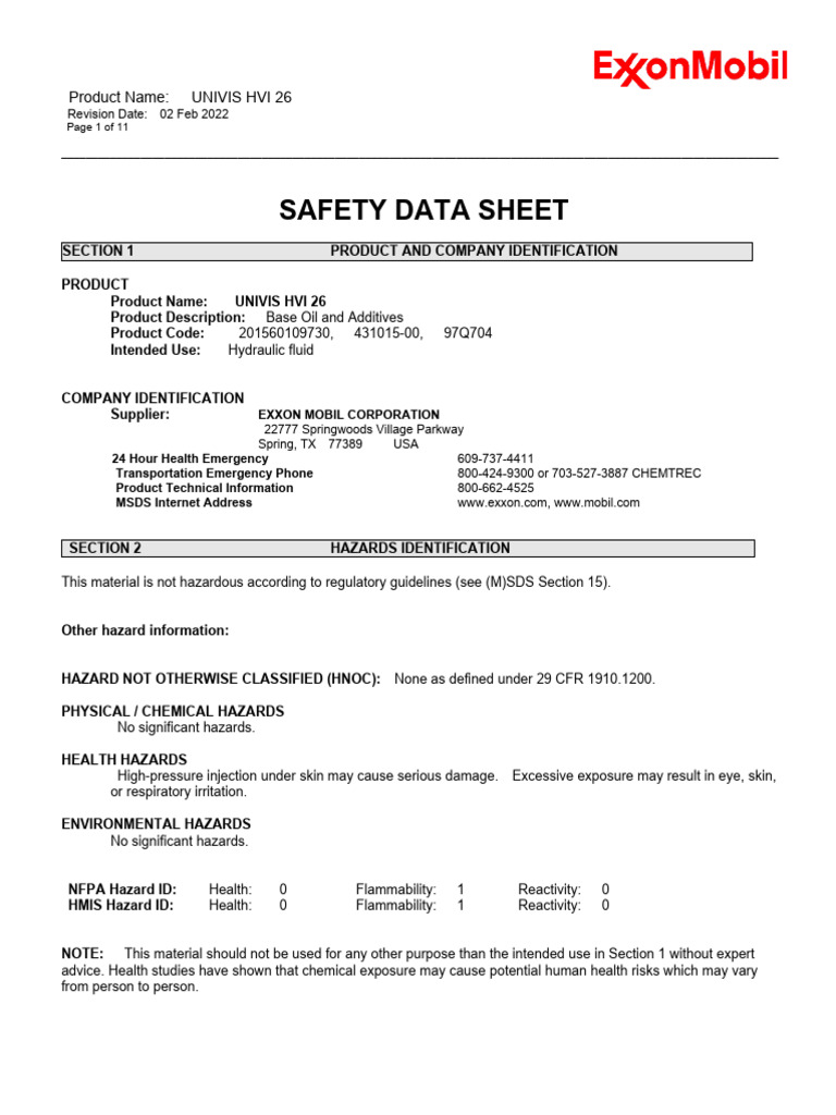 Exxonmobil Univis Hvi 26 SDS (Usa) | PDF | Personal Protective ...