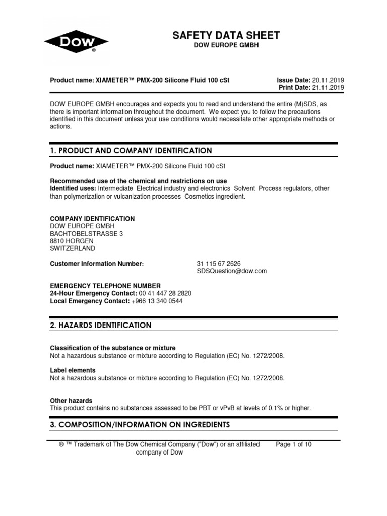 DOW XIAMETER PMX-200 Sillicone Fluid 100cSt SDS (EU) | PDF | Science ...