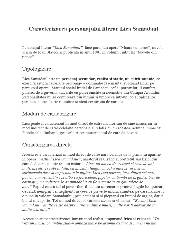 Caracterizarea Personajului Literar Lica Samadaul | PDF