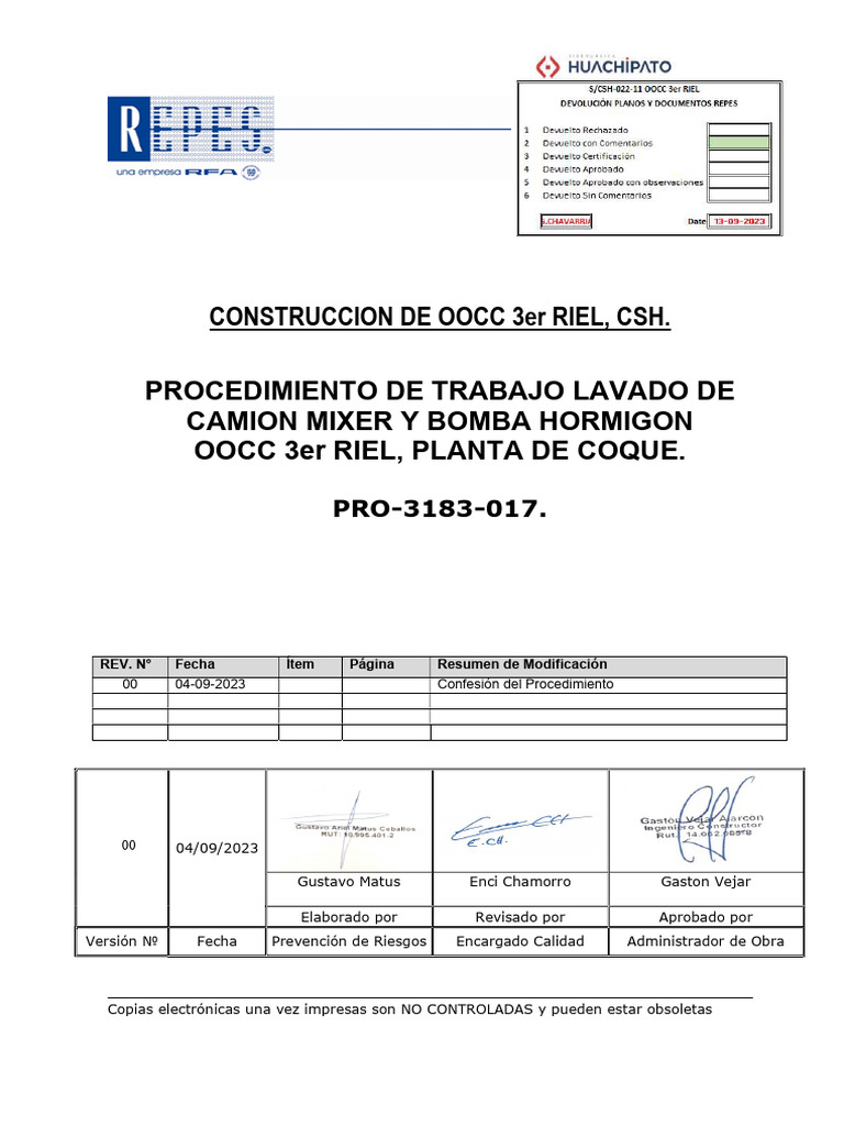 PRO-3183-017 Lavado de Camion Mixer Rev.00 | PDF