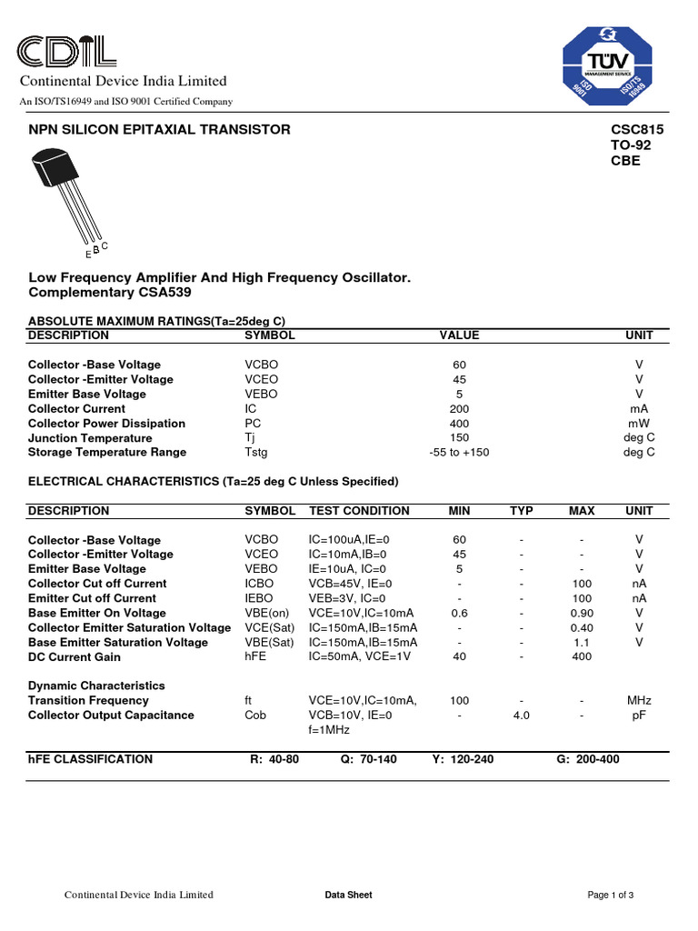 Tranzistor CSC815 - To - CSC815Y | PDF | Bipolar Junction Transistor | Information And ...