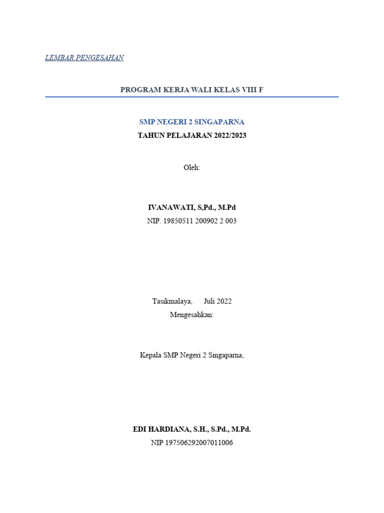 Program Kerja Wali Kelas 8F LEMBAR PENGESAHAN | PDF