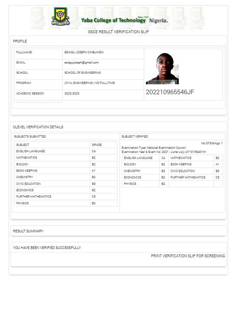 YABATECH Verification Slip | PDF