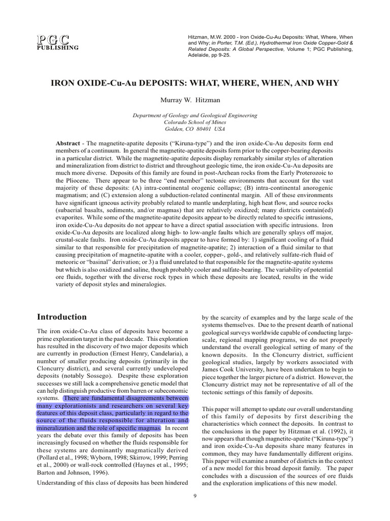 2000 - Hitzman - IOCG Deposits - What, Where, When and Why | PDF ...