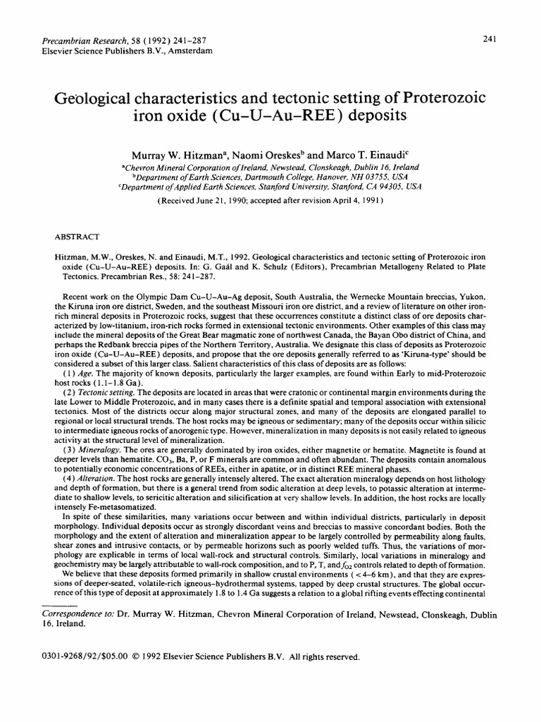 1992 - Hitzman Et Al - Geological Characteristics and Tectonic Setting of Proterozoic IOCG ...