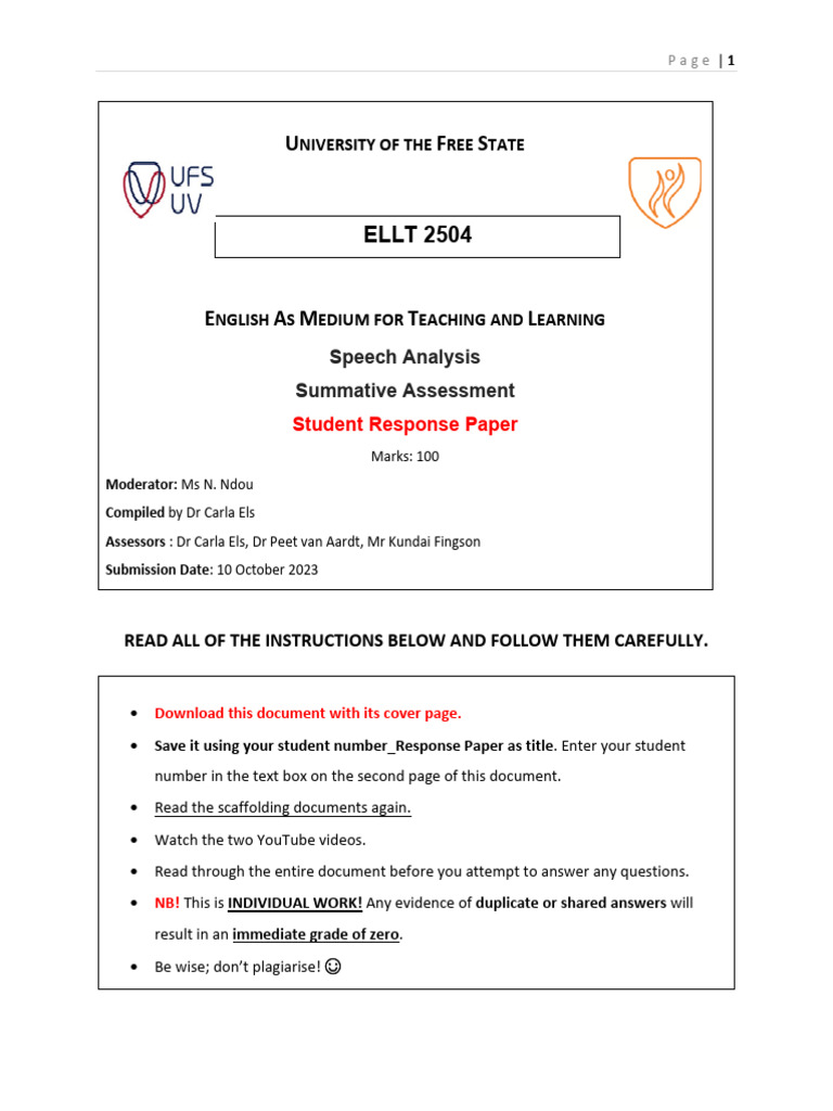 2023 ELLT 2504 - Speech Analysis Assessment - Student Template Answer ...