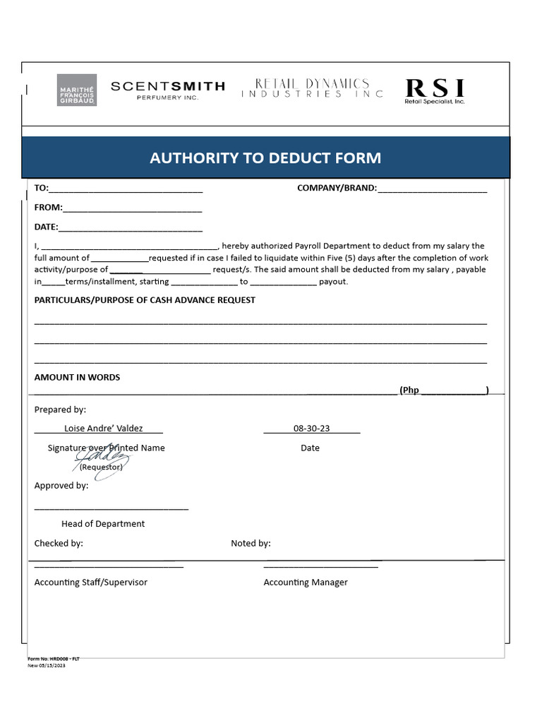Authority to Deduct Form | PDF