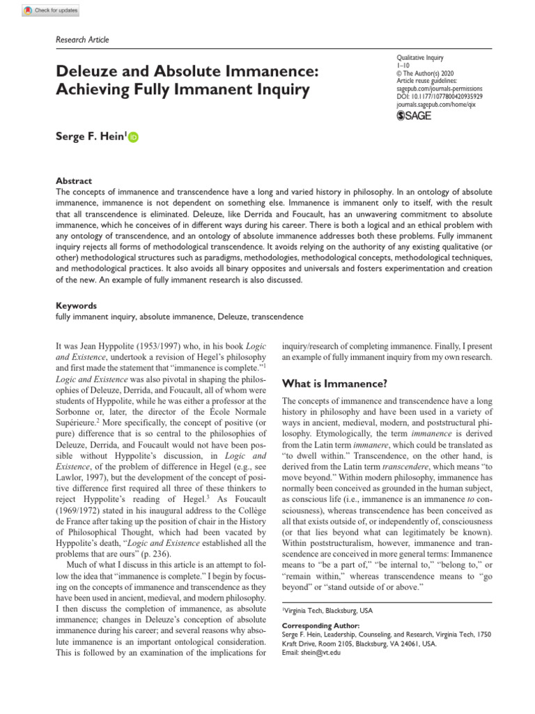Deleuze and Absolute Immanence: Achieving Fully Immanent Inquiry | PDF ...