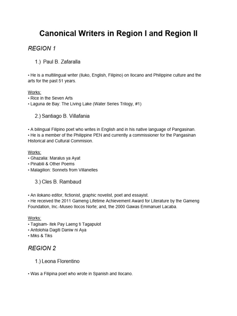 Canonical Writers - Region 1 & 2 | PDF | Philippines