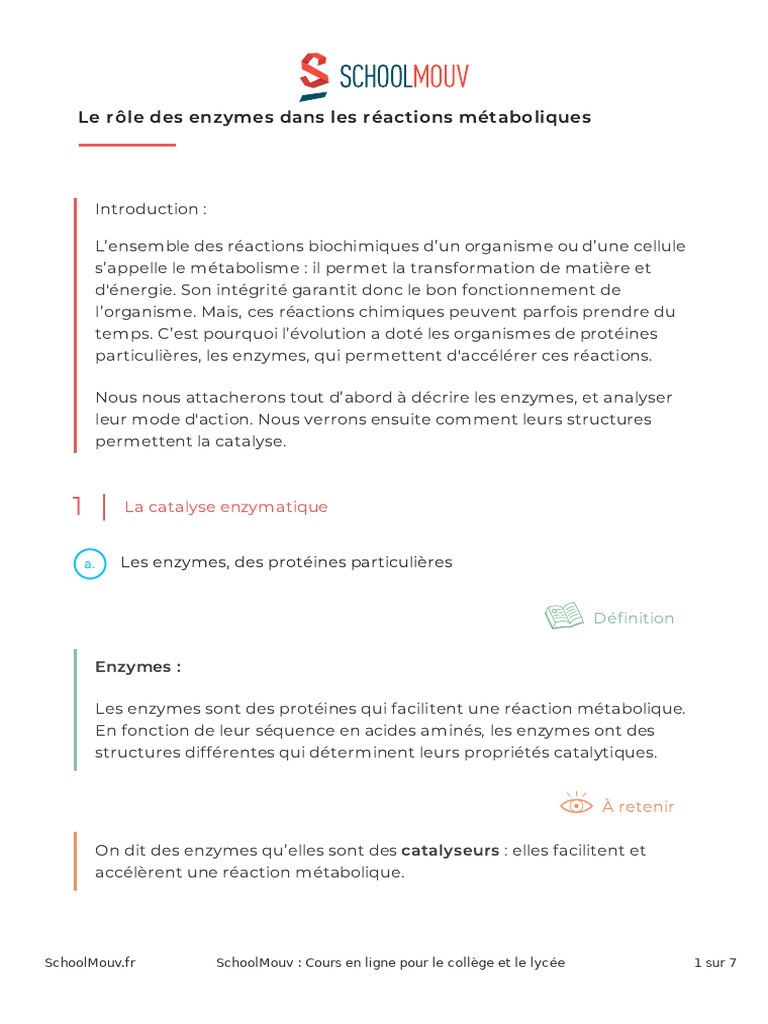 Le Role Des Enzymes Dans Les Reactions Metaboliques - Fiche de Cours | PDF