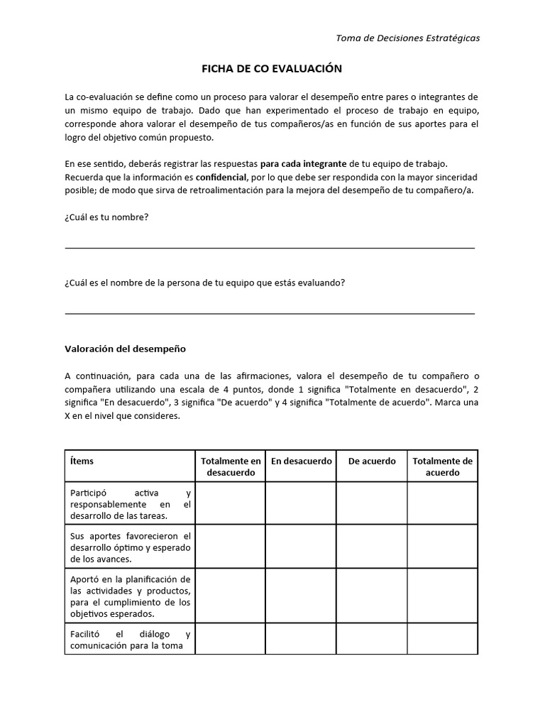 Semana 4 Ficha de Coevaluacion | PDF | Toma de decisiones | Ciencia cognitiva